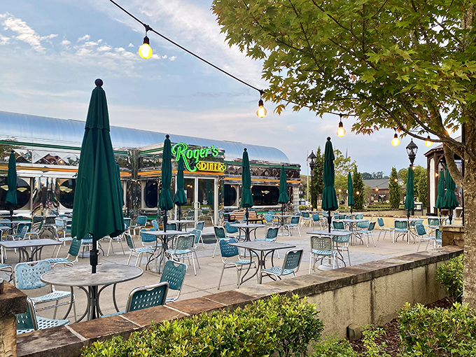 The outdoor patio at Roger's Diner feels like summer vacation incarnate &ndash; complete with string lights that promise evening magic under North Carolina skies.