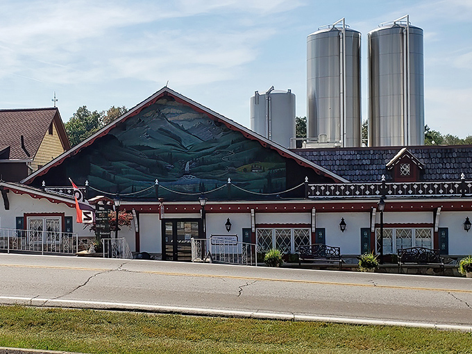 The Swiss chalet aesthetic isn't just for show—it's a promise that what awaits inside is the real Alpine deal. Ohio's rolling hills create the perfect backdrop.