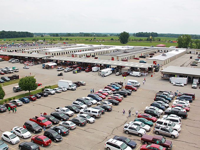 From above, Caesar Creek Flea Market resembles a small city dedicated to the pursuit of treasures. The packed parking lot tells the real story—bargain hunters are serious about their sport.
