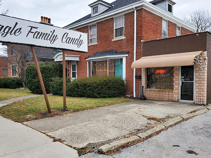 The unassuming brick building houses Columbus's sweetest secret – where chocolate dreams come true behind that simple "Eagle Family Candy" sign.