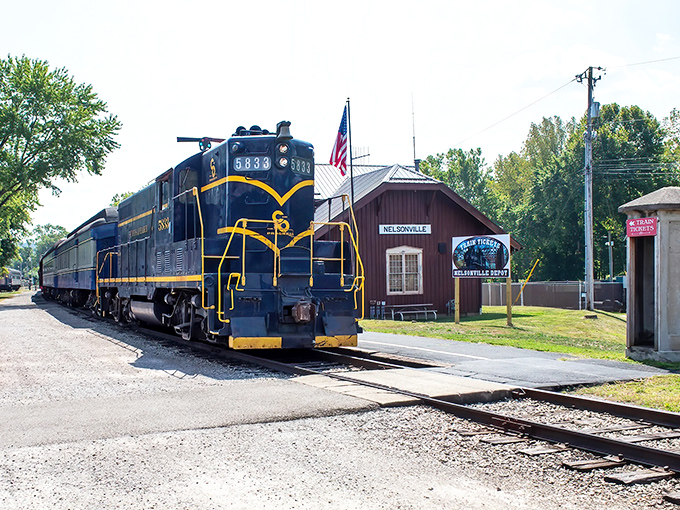 The iconic blue and yellow locomotive sits proudly at Nelsonville station, like a time machine ready to whisk you away to Ohio's golden age of rail travel.