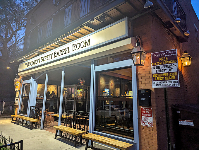 The unassuming brick exterior of Bourbon Street Barrel Room hides a culinary portal to New Orleans. Those lanterns aren't just for show&mdash;they're beacons guiding hungry pilgrims home.