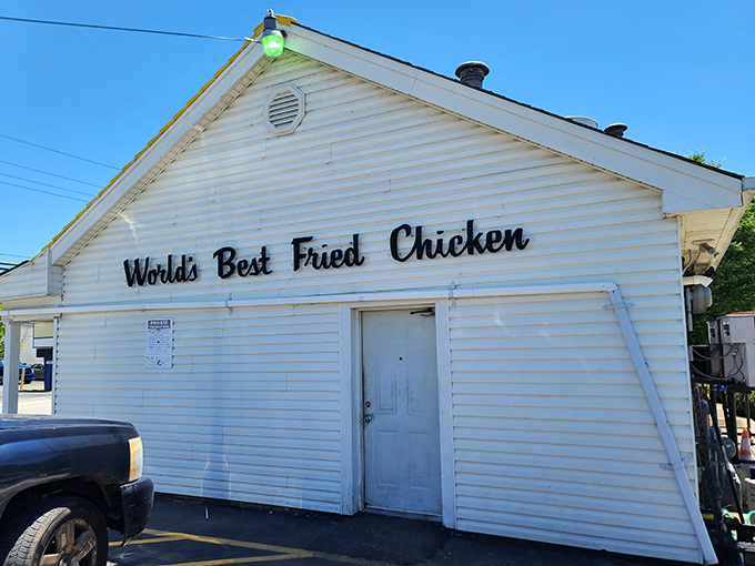 The modest white exterior boldly proclaims "World's Best Fried Chicken" &ndash; a claim that seems audacious until you taste what's cooking inside.