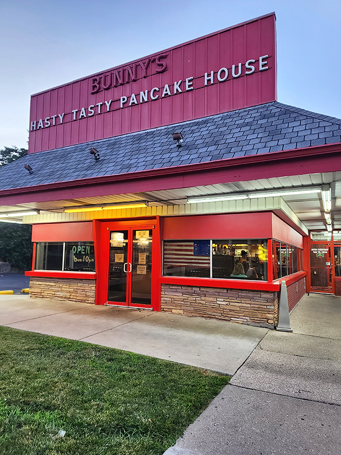The iconic red exterior of Bunny's Hasty Tasty Pancake House stands as a beacon of breakfast hope for hungry Daytonians seeking comfort food salvation.