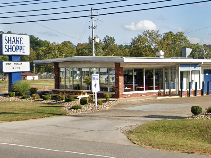 The classic roadside charm of Shake Shoppe stands proudly in Gallipolis, its vintage sign promising spicy pickle bliss to travelers and locals alike.
