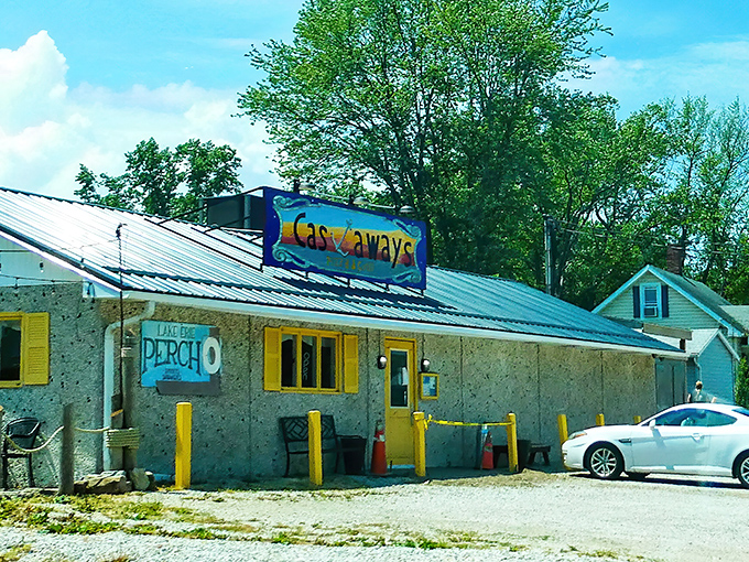 The weathered sign tells you everything: this isn't fancy, but that sunset color palette promises something special awaits inside. Lake Erie vibes done right.