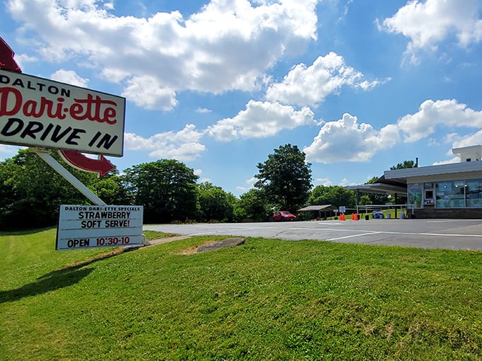 The classic red and white signage against a blue Ohio sky promises summer memories that taste even better than they sound.