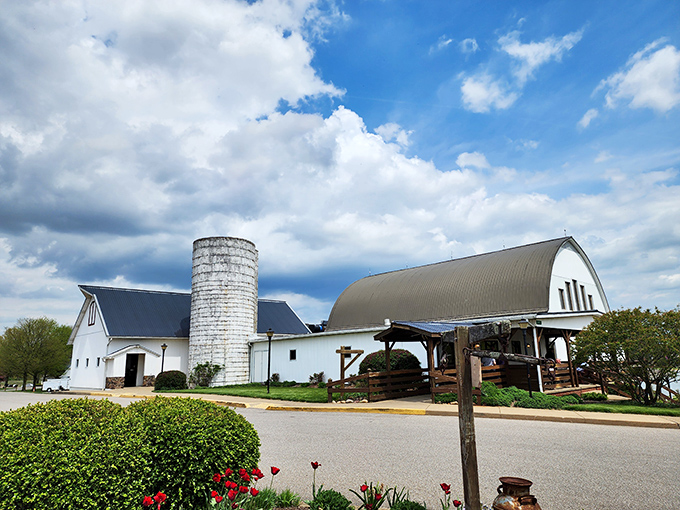 The iconic white barn and silo stand proudly against Ohio's big sky, like a cathedral dedicated to comfort food rather than prayer.