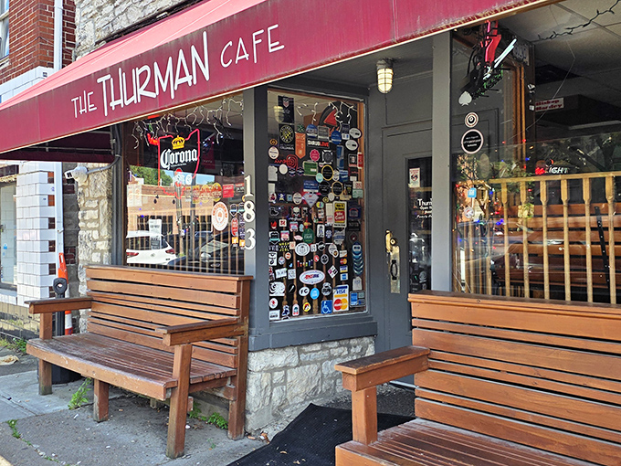 The unassuming stone exterior of Thurman Cafe belies the culinary madness within. Those wooden benches? They're not decorative&mdash;they're survival gear for the wait.