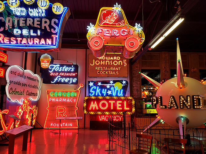 Step into this glowing wonderland where neon dreams come alive. The museum's main hall recreates a vintage American Main Street bathed in electric nostalgia.
