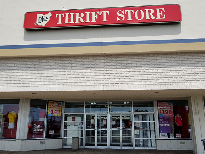 The iconic red and white Ohio Thrift Store sign promises treasure hunting adventures that won't break the bank&mdash;retail therapy with prices from a gentler era.