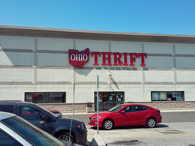 The white facade of Ohio Thrift stands like a blank canvas, promising treasures within that will soon color your home and wardrobe with unexpected character.