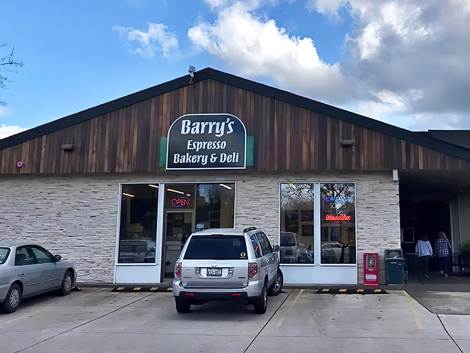 Barry's rustic wooden facade and stone exterior stands as Eugene's unassuming sandwich sanctuary. No pretension, just delicious promises waiting inside.