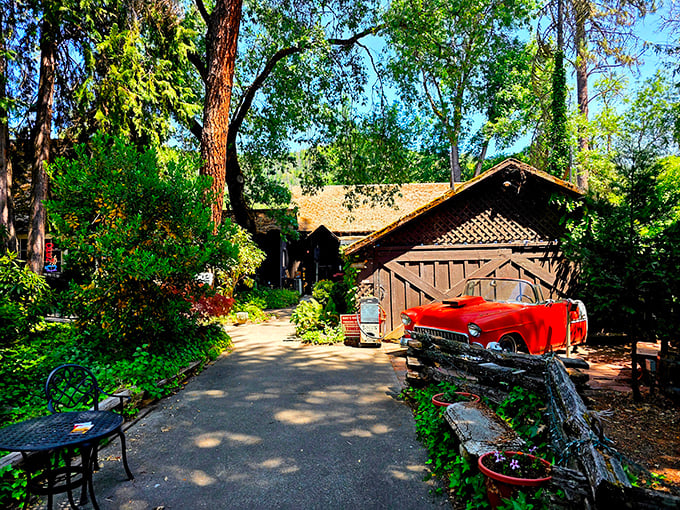 Time travel exists! Mac's vintage exterior with its classic car "crashing" through the front is Oregon's most creative welcome sign.