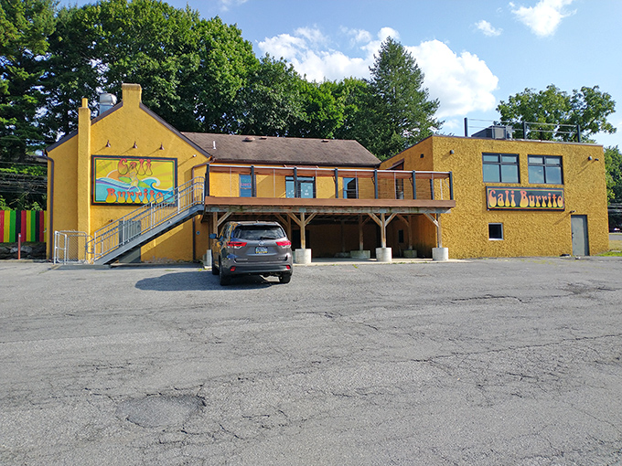 Sunshine in building form! Cali Burrito's vibrant yellow exterior stands out like a California postcard dropped into Pennsylvania's landscape.