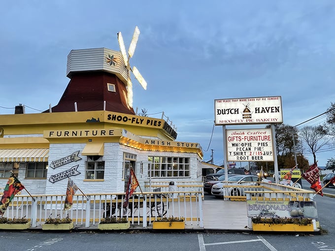 Standing tall like a culinary lighthouse, Dutch Haven's iconic windmill has been guiding hungry travelers to shoofly pie paradise for generations.