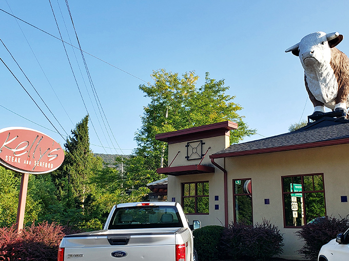 That's not just any cow on the roof &ndash; it's a bovine ambassador beckoning you to carnivorous paradise at Kelly's in Boalsburg.