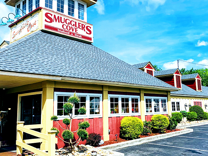 The nautical cupola crowning Smuggler's Cove stands like a lighthouse for hungry travelers, beckoning seafood lovers to this unexpected maritime haven in the Poconos.