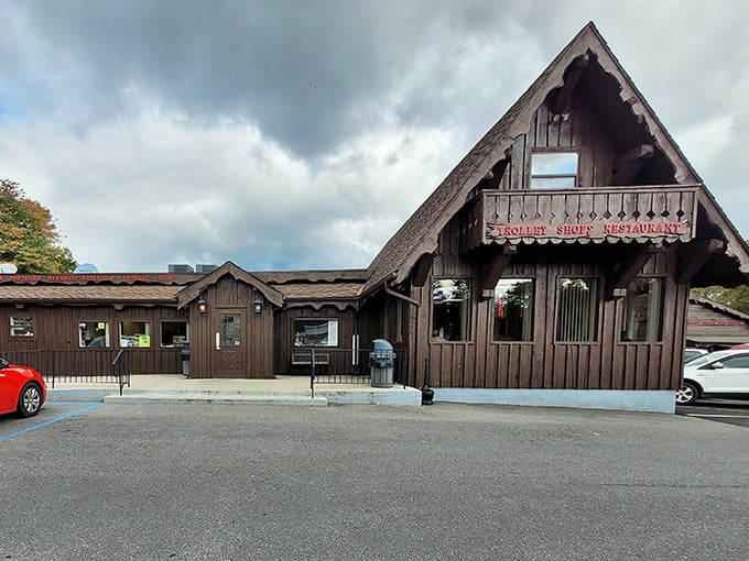 The rustic wooden exterior of Trolley Shops Restaurant stands as a time capsule of Pennsylvania's trolley-line history, inviting hungry travelers with its no-nonsense charm.