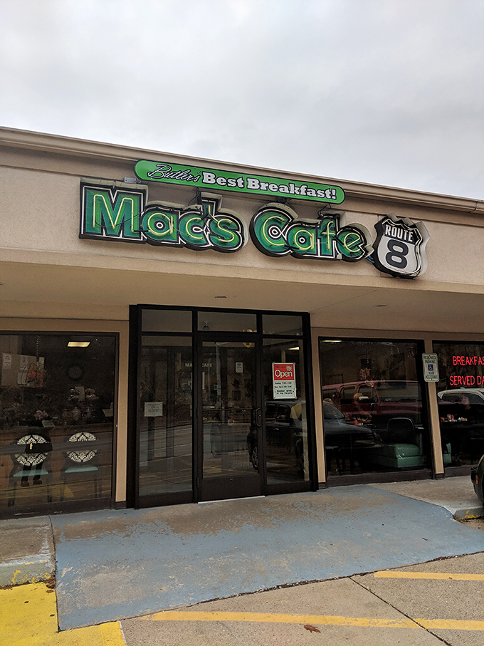 The green and white sign beckons hungry travelers like a lighthouse for breakfast lovers. Mac's Route 8 Cafe promises no frills, just Butler's best breakfast.