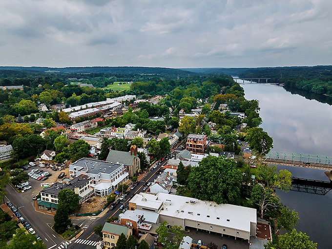 From above, New Hope unfolds like a storybook village where the Delaware River writes its own tales.