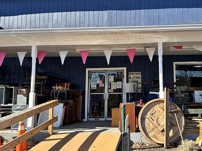 The unassuming blue exterior with cheerful pennant flags is like a treasure chest disguised as a garden shed. Adventure awaits inside!