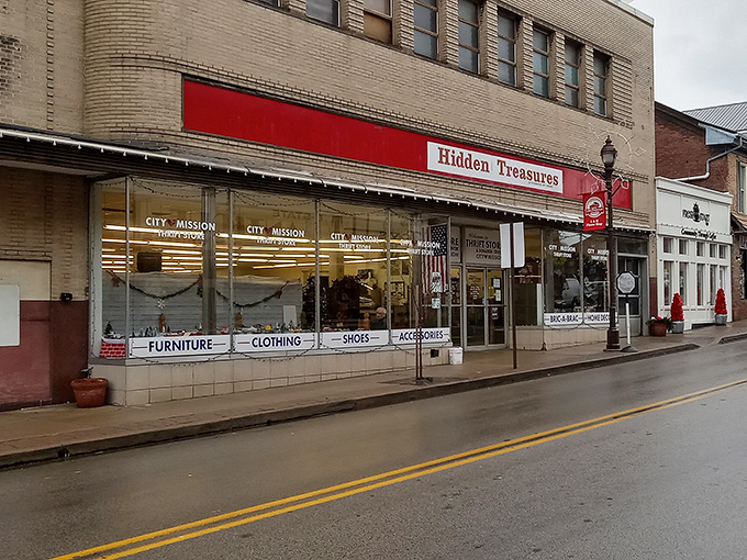 The iconic blue awning of City Mission Thrift Store welcomes bargain hunters with patriotic flair and the promise of treasures within.