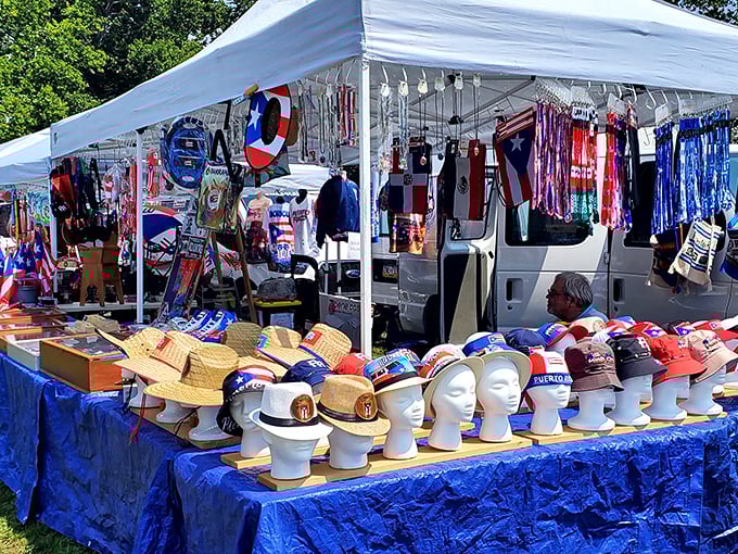 A treasure hunter's paradise unfolds under blue tarps and white tents, where yesterday's knick-knacks become tomorrow's conversation pieces.