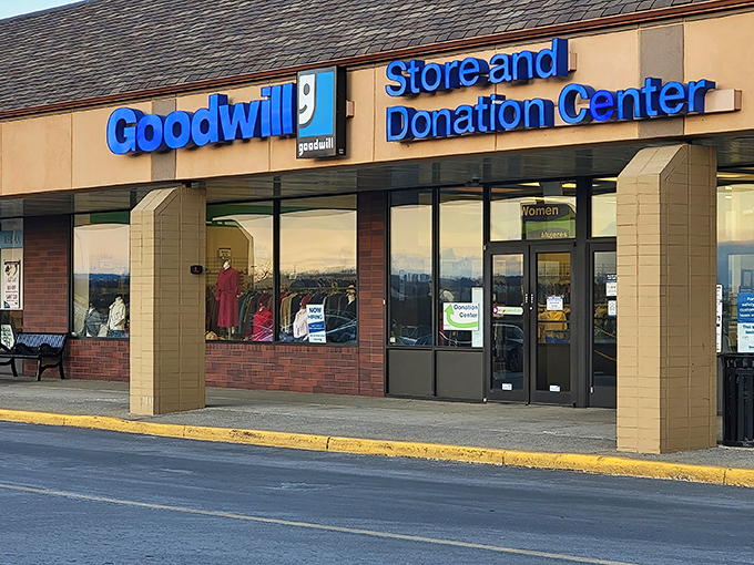 The blue Goodwill sign beckons like a lighthouse to treasure hunters. This unassuming storefront holds universes of possibility behind its doors.