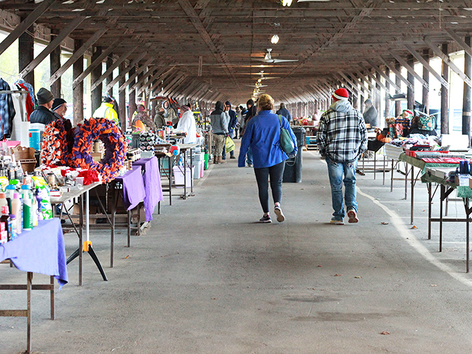 The treasure hunt begins! Bargain Exchange's covered pavilion stretches into the distance like an endless corridor of possibilities and forgotten treasures.
