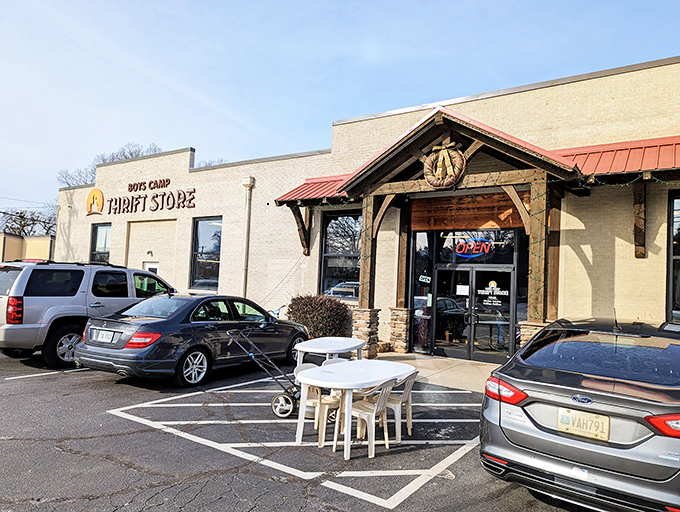 The rustic wooden entrance portico of Boys Camp Thrift Store promises treasure hunting adventures that won't break the bank.