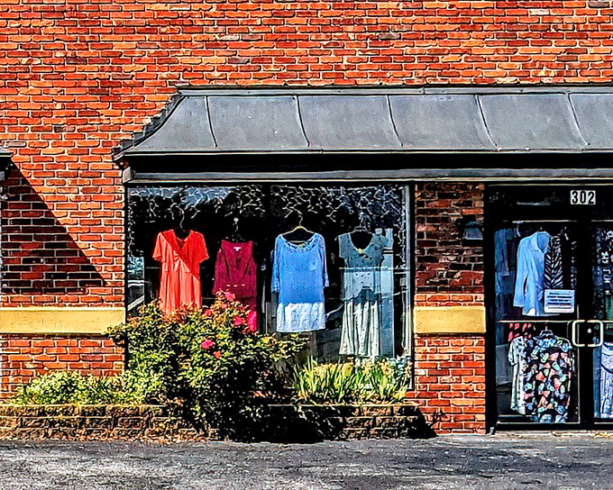 Classic brick storefront charm meets serious thrift hunting &ndash; those window displays are just the appetizer.