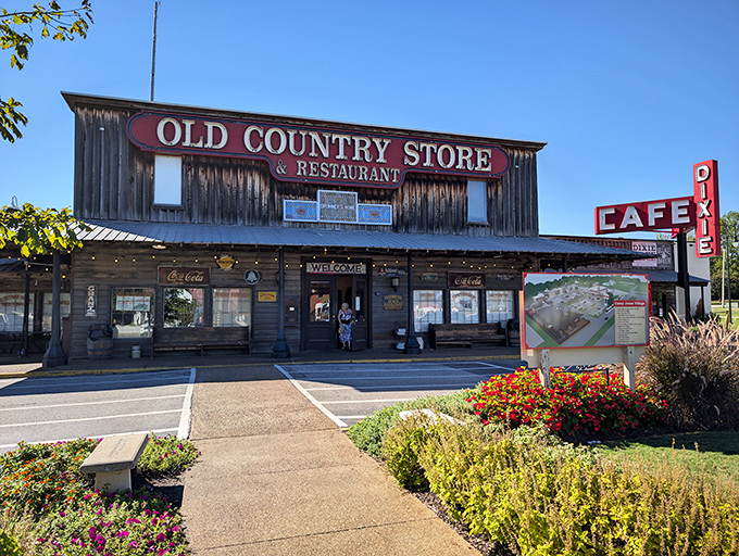 The weathered wooden exterior of Brooks Shaw's Old Country Store stands like a time capsule in Jackson, beckoning hungry travelers with nostalgic charm.