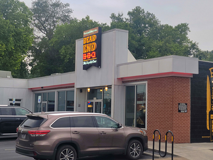 The sign says "Dead End," but for barbecue lovers, it's actually the beginning of a beautiful friendship. Welcome to flavor town.