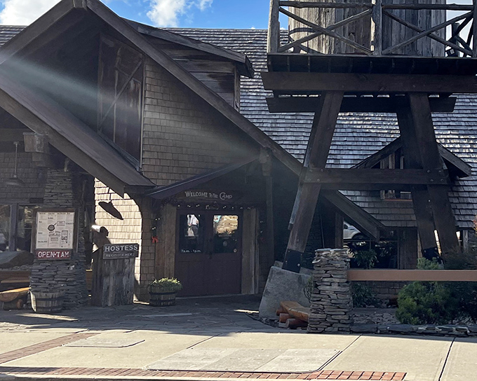 The frontier fantasy begins before you even step inside&mdash;that water tower and log cabin exterior promise breakfast adventures worthy of Davy Crockett himself.