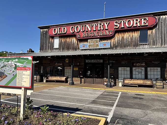 The weathered wooden exterior of Brooks Shaw's Old Country Store beckons like a time machine disguised as a restaurant. Southern comfort awaits inside! 