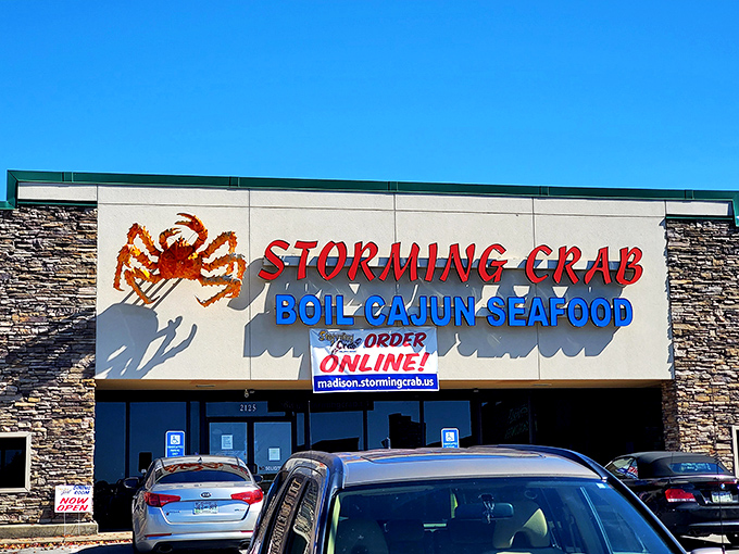 The seafood siren call of Tennessee! Storming Crab's bold exterior promises maritime delights in landlocked Madison, with that giant red crab practically waving you inside.