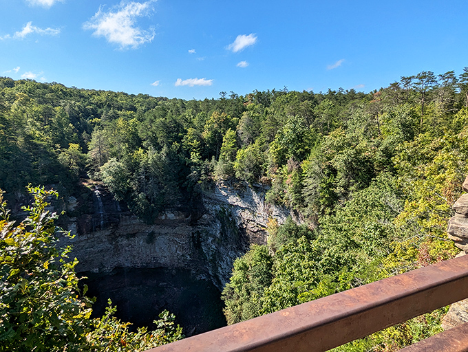 Nature's grand theater unfolds at Fall Creek Falls, where this breathtaking gorge view reminds you just how small your problems (and cell phone reception) really are.