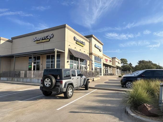 Benny's Cafe stands like a beacon of breakfast hope in a suburban strip mall, promising morning salvation under the Texas sky.