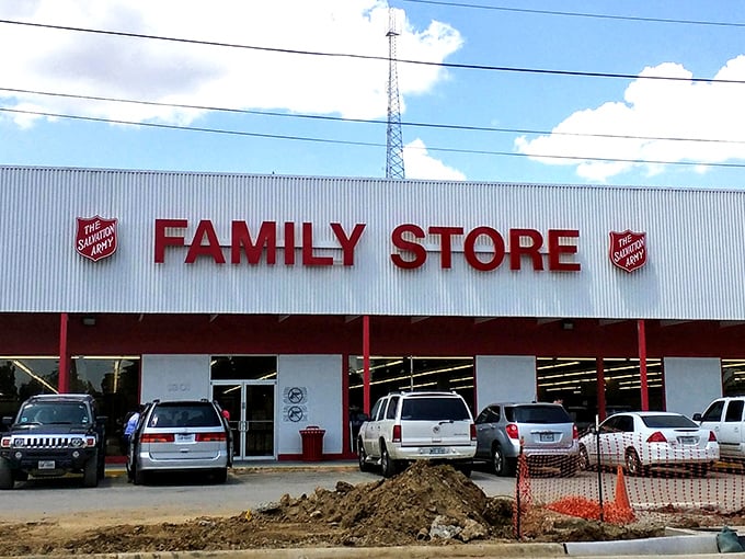 The iconic red lettering of the Salvation Army Family Store beckons bargain hunters like a retail lighthouse in Arlington's sea of big-box stores.