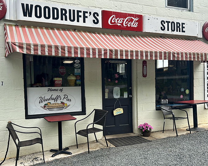 The classic white brick exterior of Woodruff's, with its vintage Coca-Cola sign and red-striped awning, isn't trying to impress anyone&mdash;it doesn't need to.