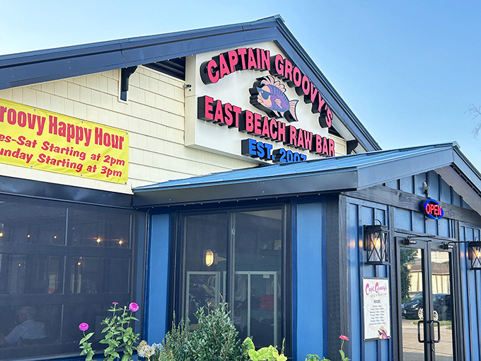 The blue-trimmed exterior of Captain Groovy's promises maritime delights within, like a cheerful lighthouse beckoning hungry sailors home.