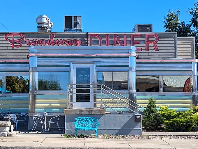 The classic stainless steel exterior of Broadway Diner gleams like a beacon of breakfast hope. This isn't retro by design&mdash;it's the real deal that never went out of style.
