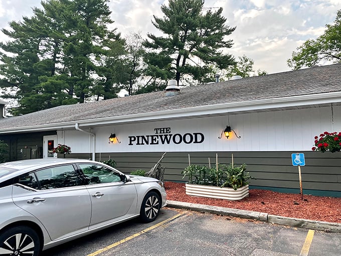 The Pinewood's welcoming exterior promises the kind of supper club magic that makes Wisconsin dining legendary.