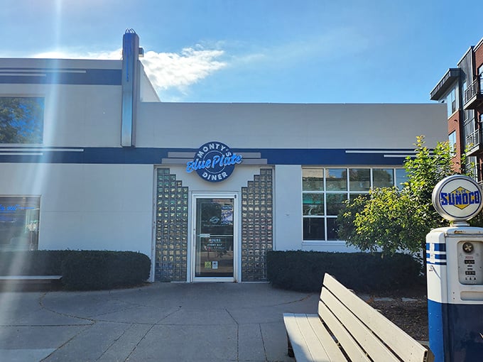 The classic blue and white exterior of Monty's Blue Plate Diner stands as a beacon of comfort food promise on Madison's east side.