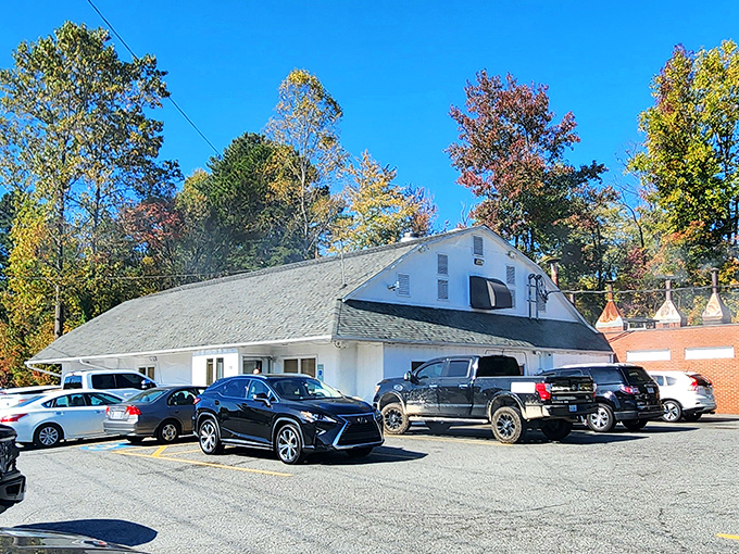 The unassuming white building houses barbecue greatness like a humble treasure chest. Fall foliage provides the perfect backdrop for this pilgrimage-worthy destination.