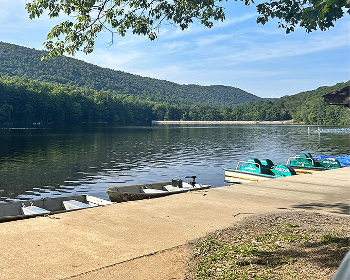 Boat rentals line the shore like colorful candies, waiting to help visitors explore the pristine waters of Cowans Gap Lake. Nature's playground at its finest!