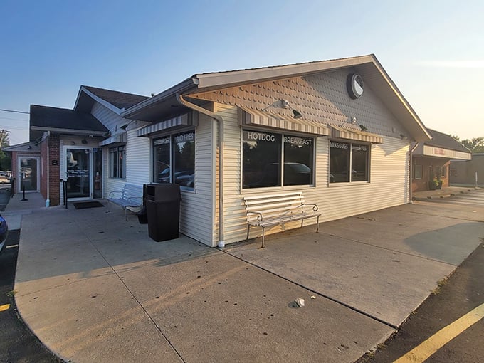 The unassuming exterior of Nutcracker Family Restaurant hides a time-traveling culinary experience within its simple white walls.