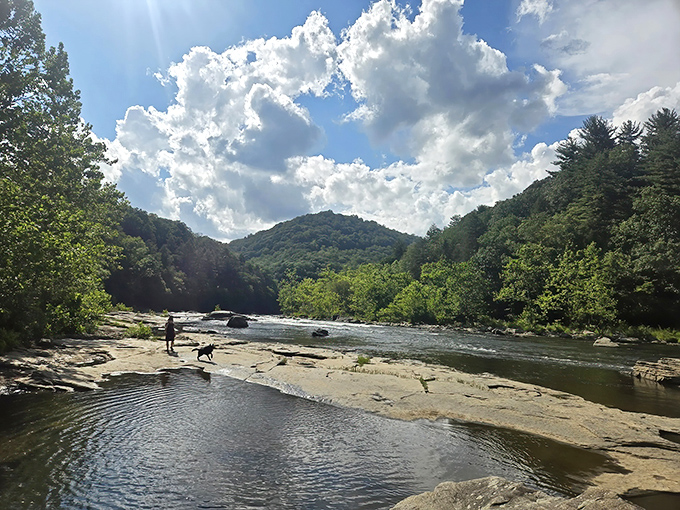 Nature's perfect curtain call: Cucumber Falls cascades dramatically between ancient rock formations, creating a serene woodland theater that's worth every step of the journey.