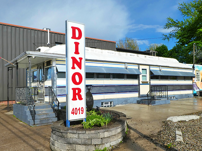 The classic railcar silhouette of Lawrence Park Dinor stands proudly in Erie, where "Dinor" isn't a typo&mdash;it's local tradition with a side of history.